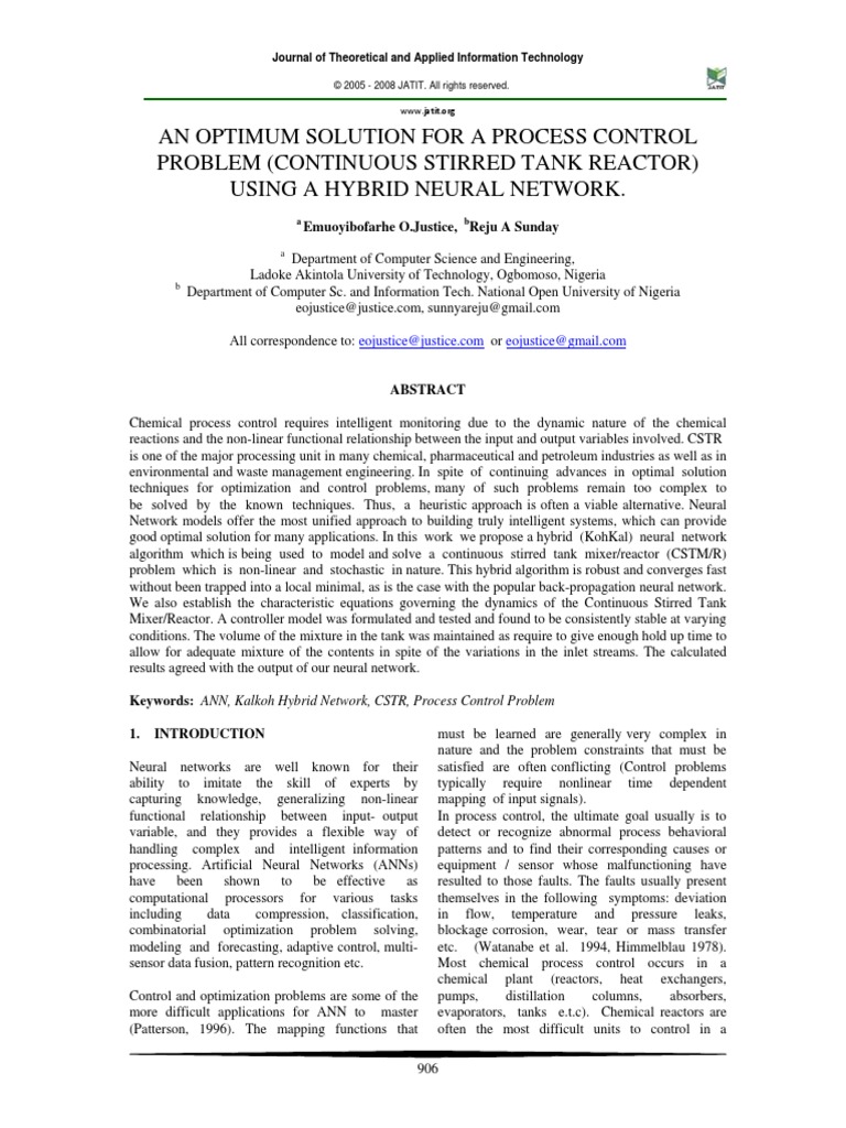 An Optimum Solution For A Process Control Problem (Continuous Stirred ...
