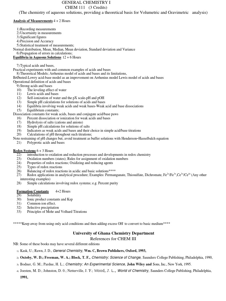 Chem 111 Course Outline & Refferences | PDF | Ph | Acid