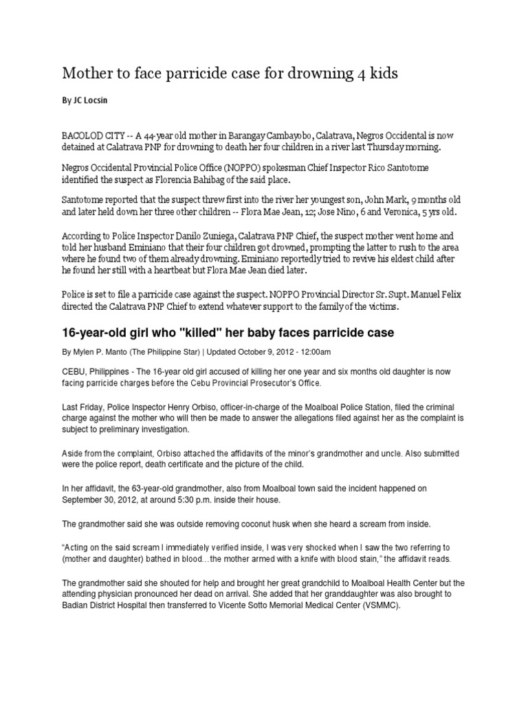 Mother To Face Parricide Case For Drowning 4 Kids | PDF | Misconduct ...