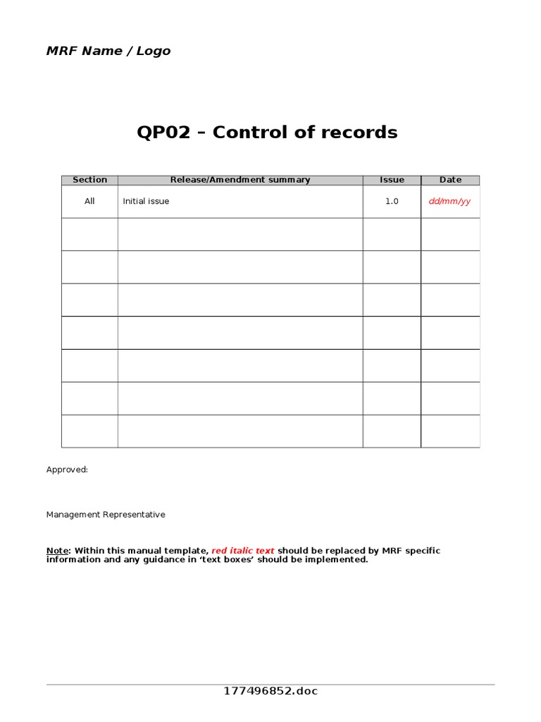 QP02 Control of Records | PDF | Business Process | Quality Management ...