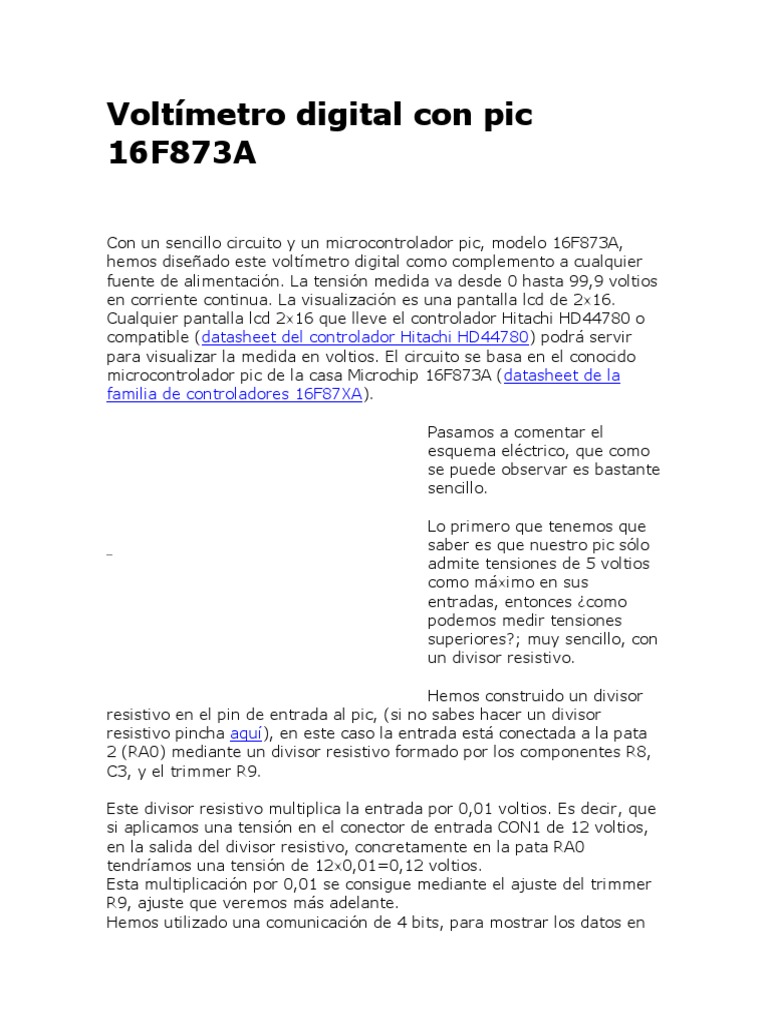 Voltímetro Digital Con Pic 16F873A | PDF | Microcontrolador Pic | Resistor