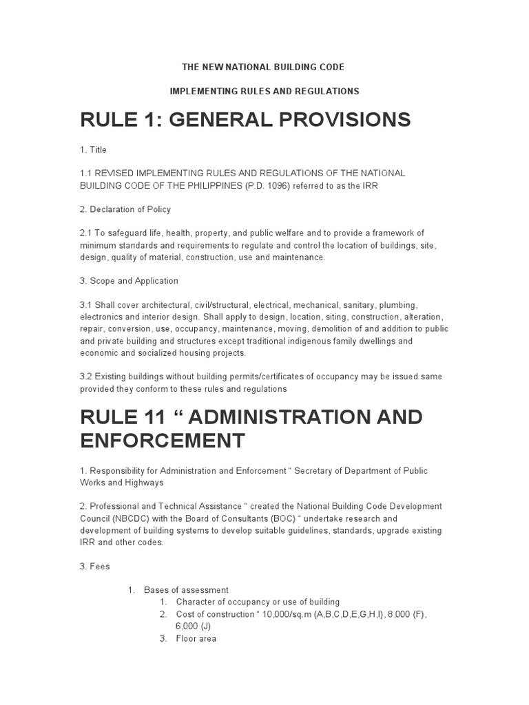 Rule 1: General Provisions: The New National Building Code Implementing ...