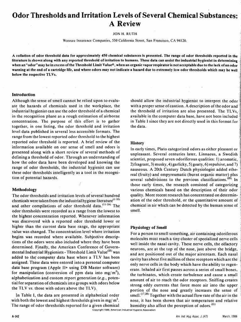 Odor Thresholds and Irritation Levels of Several Chemical Substances ...
