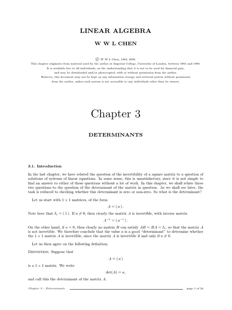 Linear Algebra Chapter 3 - DeTERMINANTS | PDF | Determinant | Matrix (Mathematics)