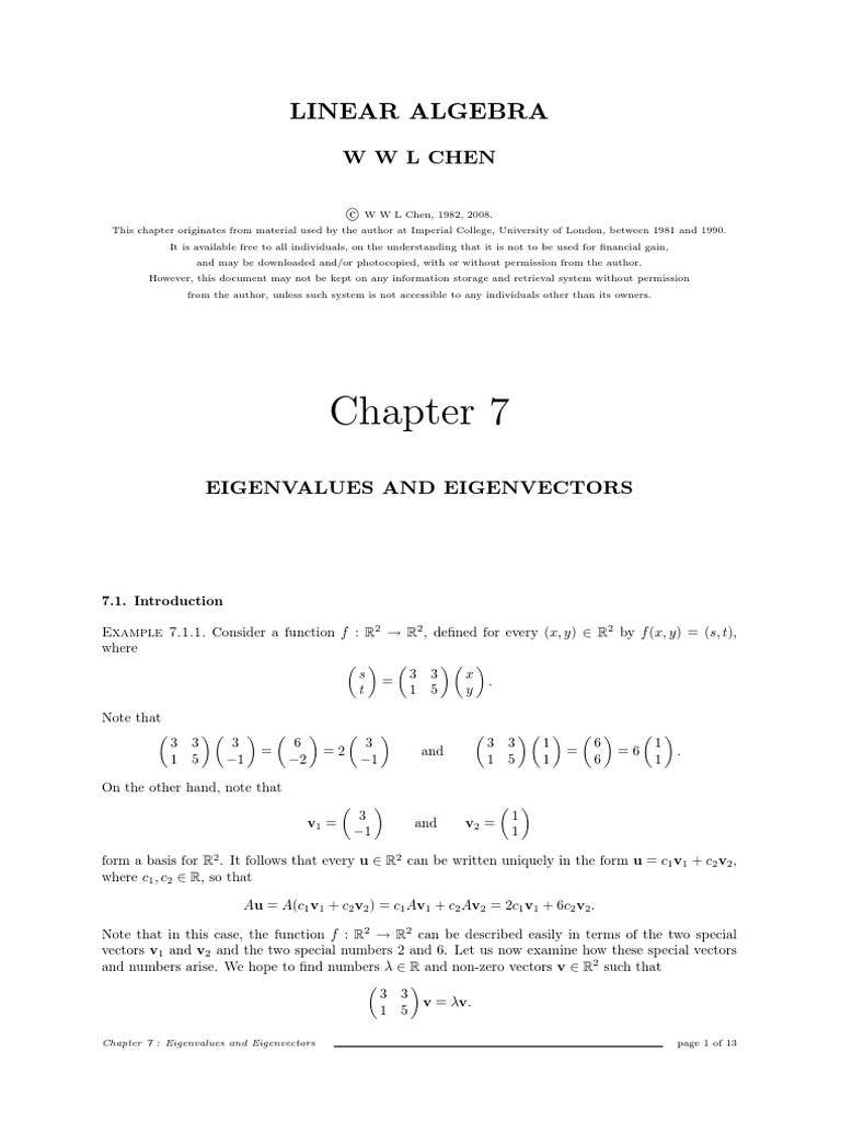 Linear Algebra Chapter 7 - Eigenvalues and Eigenvectors | PDF ...