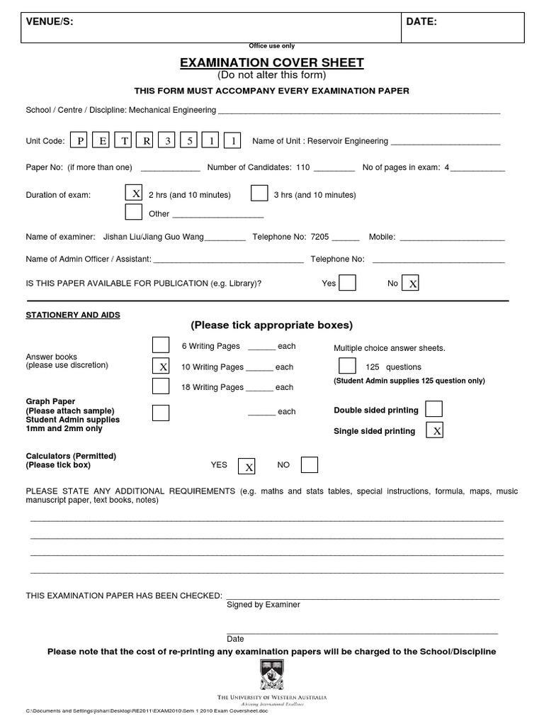 Examination Cover Sheet: (Do Not Alter This Form) | PDF | Gases | Pressure