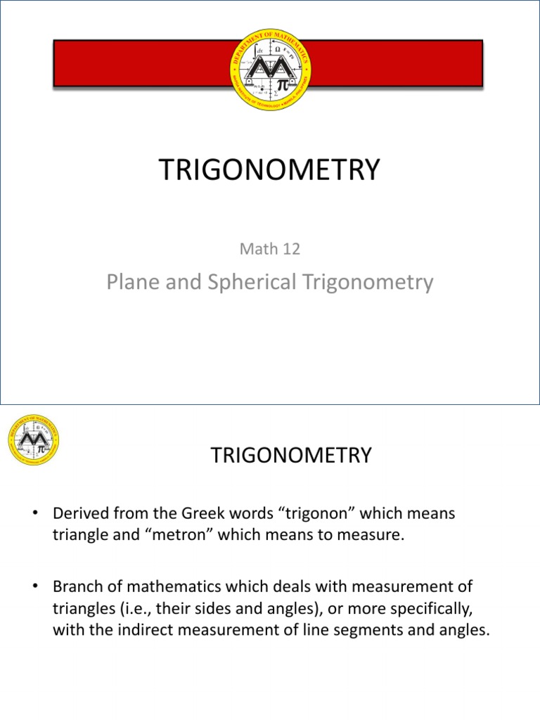 Trigonometry: Plane and Spherical Trigonometry | PDF | Angle | Speed