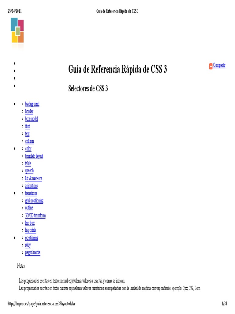 Guía de Referencia Rápida de CSS 3-apaisada | PDF | Hojas de estilo en ...