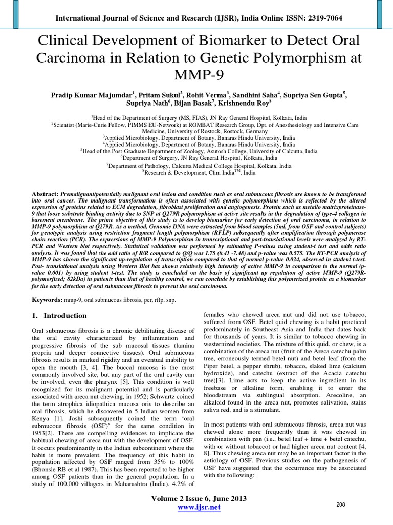 Clinical Development of Biomarker To Detect Oral Carcinoma in Relation ...