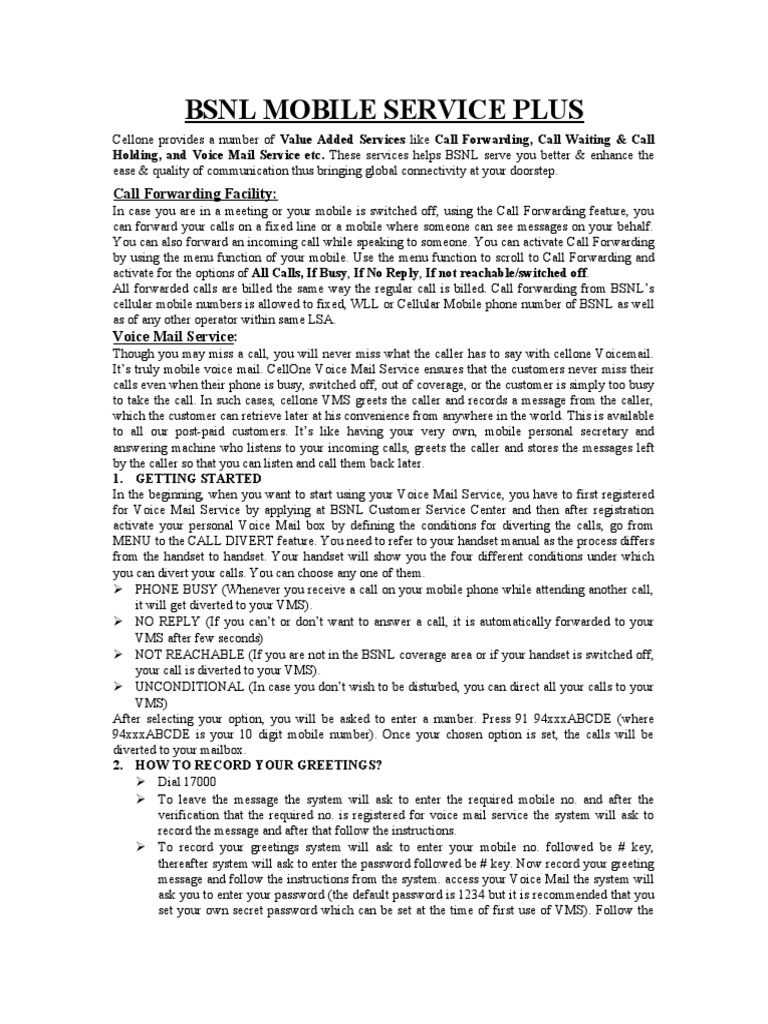 BSNL Mobile Service Plus | PDF | Voicemail | Short Message Service