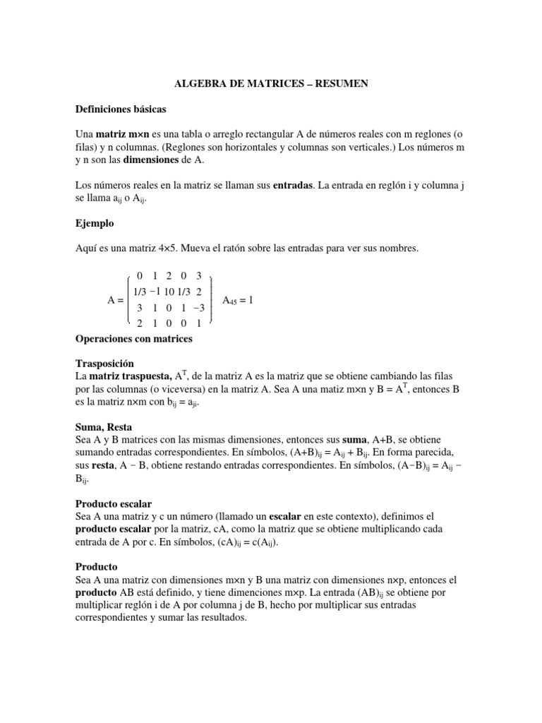 Guía Completa de Álgebra de Matrices | PDF | Matriz (Matemáticas ...