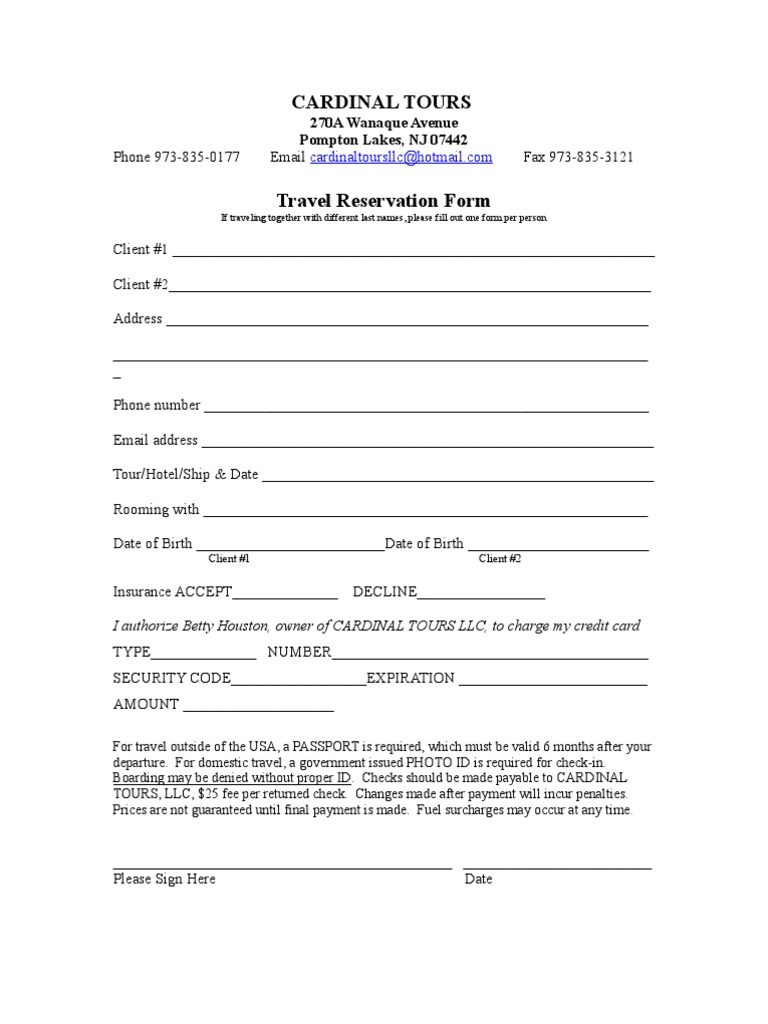 Cardinal Tours Travel Reservation Form | PDF