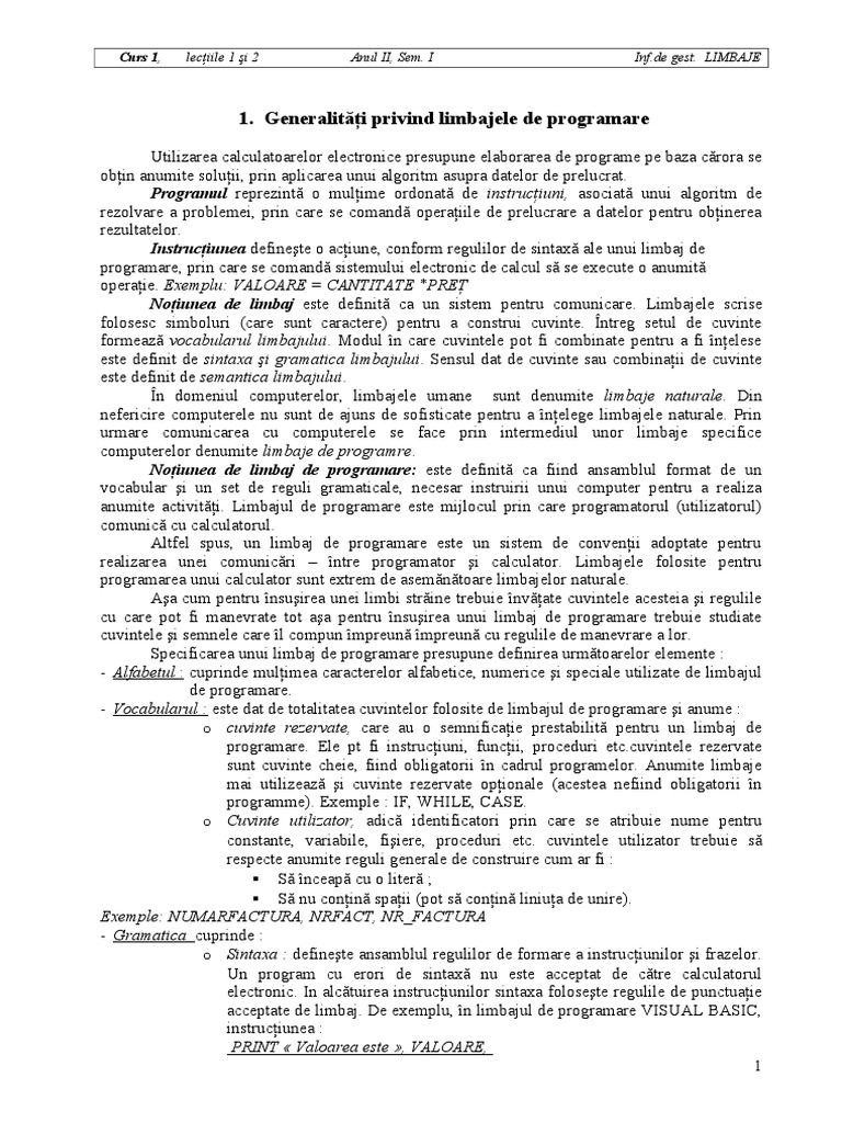 Limbaje de Programare Curs 1 | PDF