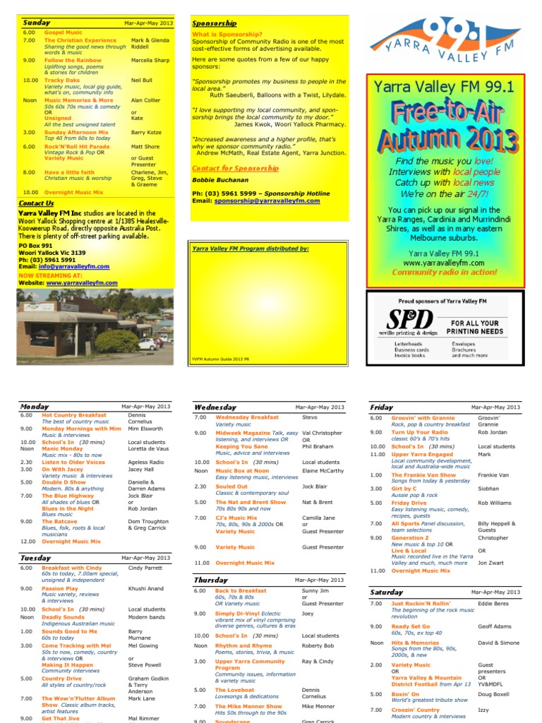 Yarra Valley FM Program Guide: March-April-May 2013 | PDF | Country ...