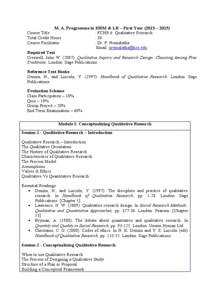 Course Outline - Qualitative Research | PDF | Qualitative Research ...