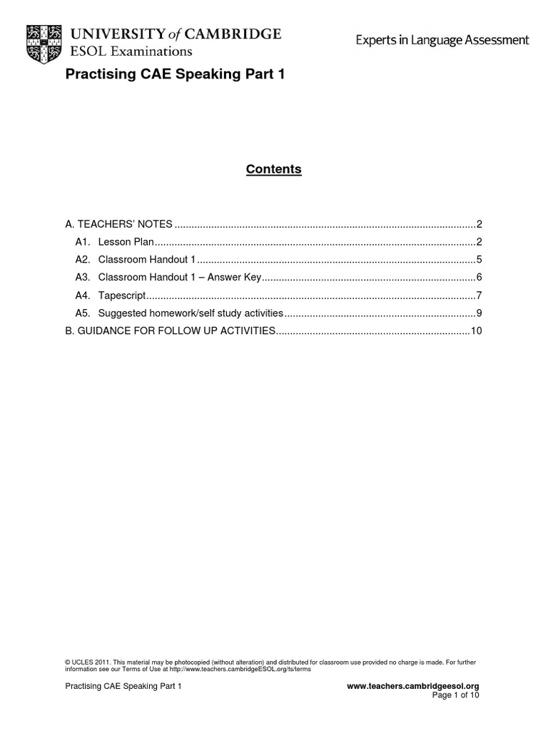 Practising Cae Speaking Part 1 | PDF | Lesson Plan | English Language