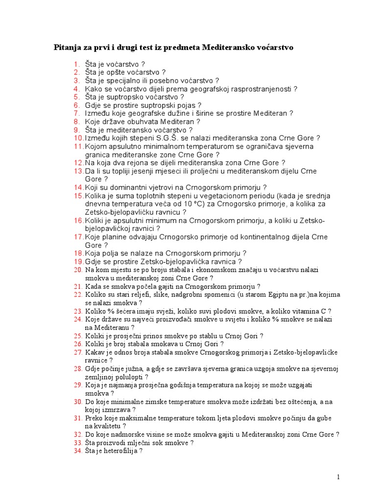 Pitanja Za Test Iz Mediteranskog Voćarstva | PDF
