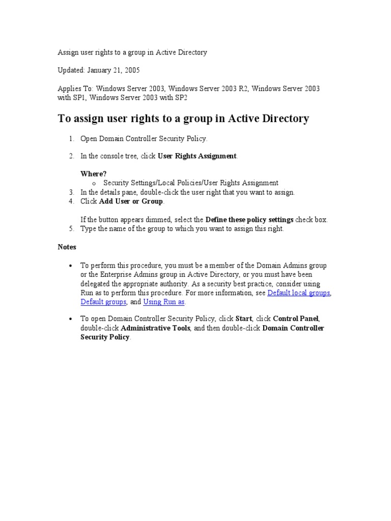 Assign User Rights in Active Directory | PDF