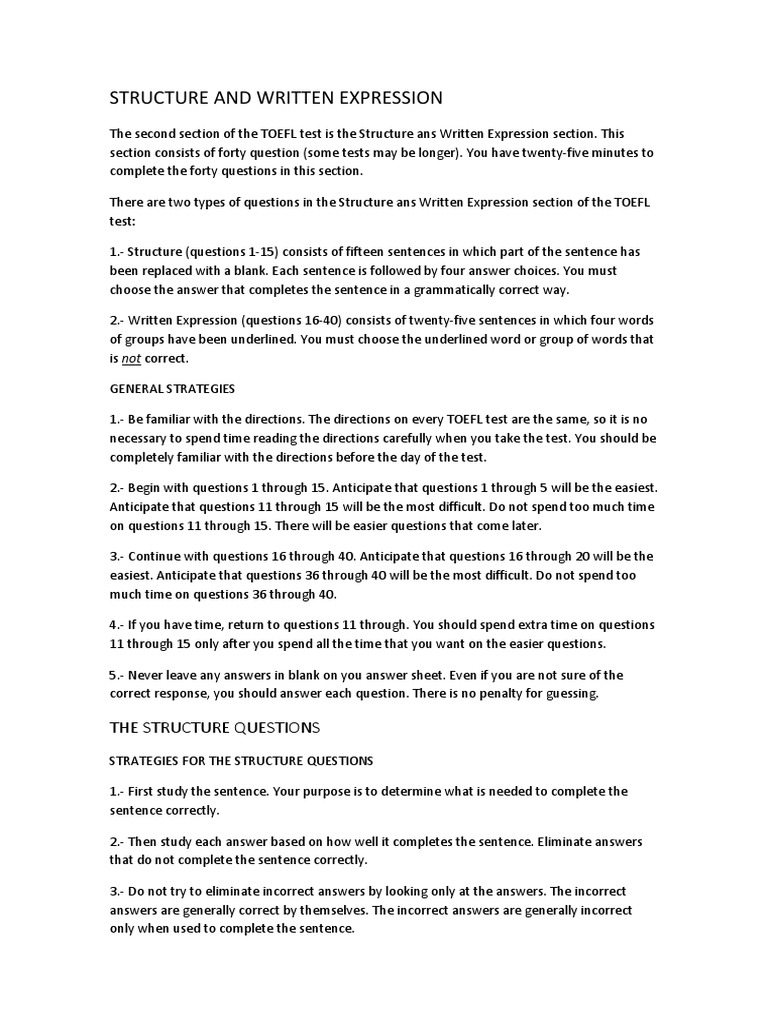 TOEFL Structure & Expression Guide | PDF | Subject (Grammar) | Verb