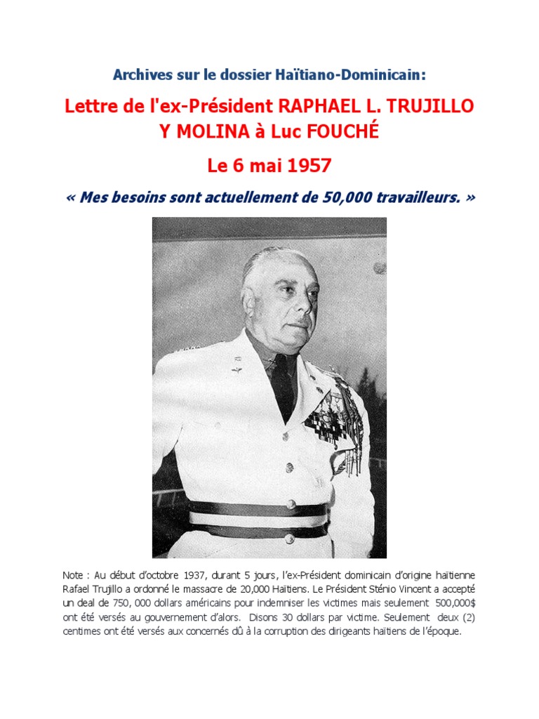 Lettre de L'ex-Président RAPHAEL L. TRUJILLO Y MOLINA À Luc FOUCHÉ ...