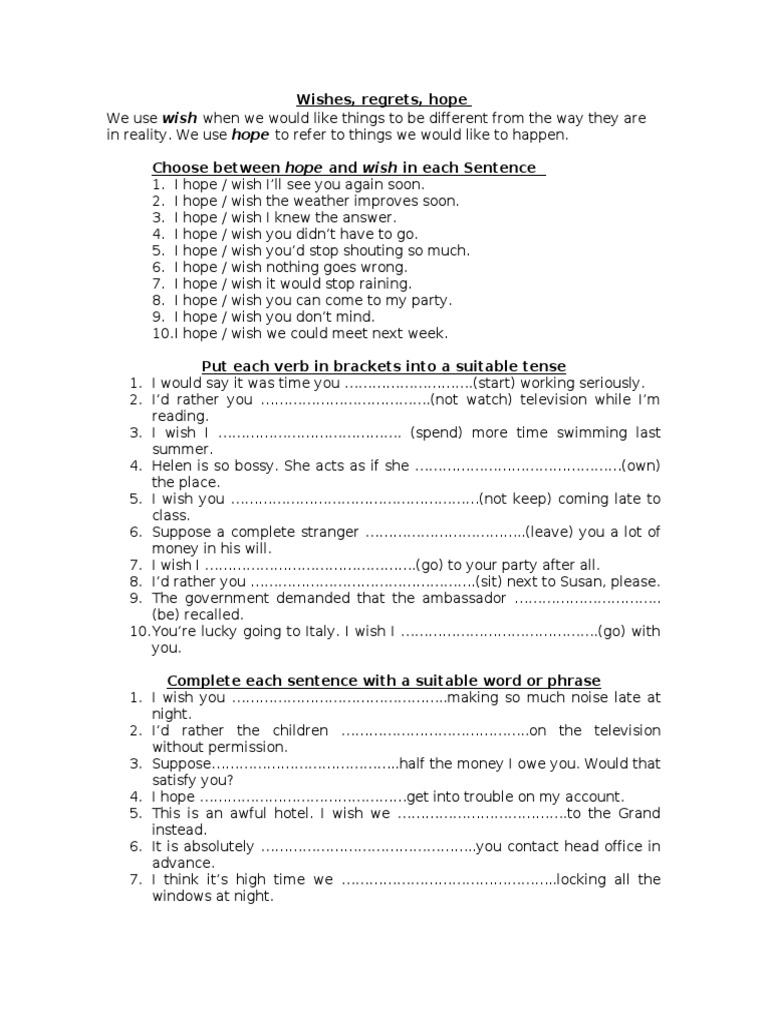 Wishes - Hopes - Regrets - Exercises | Ellipsis | Leisure