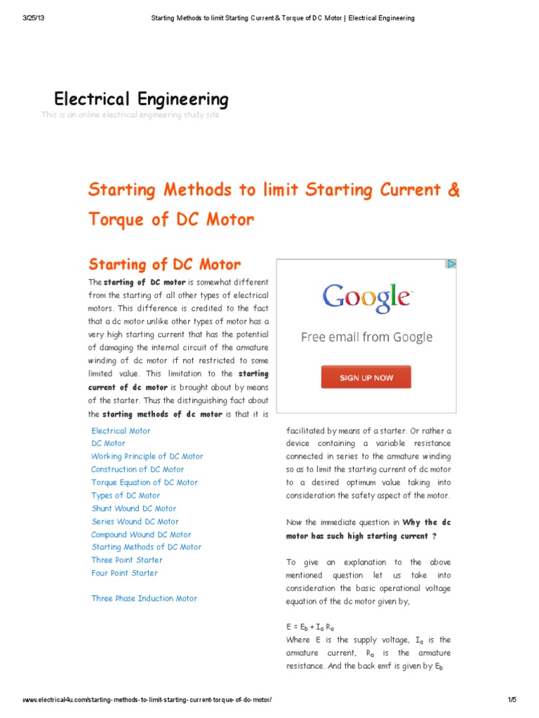 Starting Methods To Limit Starting Current & Torque of DC Motor - Electrical Engineering | PDF ...