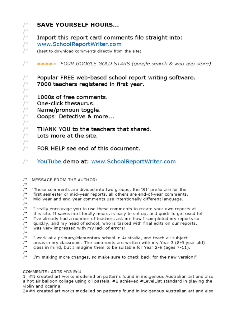 Report Card Comments, Elementary/Primary (File 1) | PDF | Reading ...