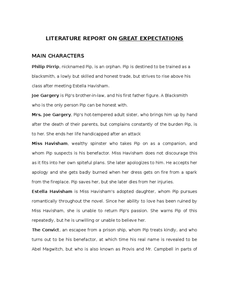 Great Expectations Lit. Report (summary) | Great Expectations | Estella ...