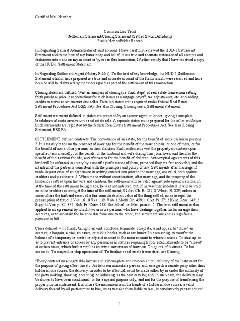 Common Law Trust Settlement, Closing Statement Public Notice/ Public ...