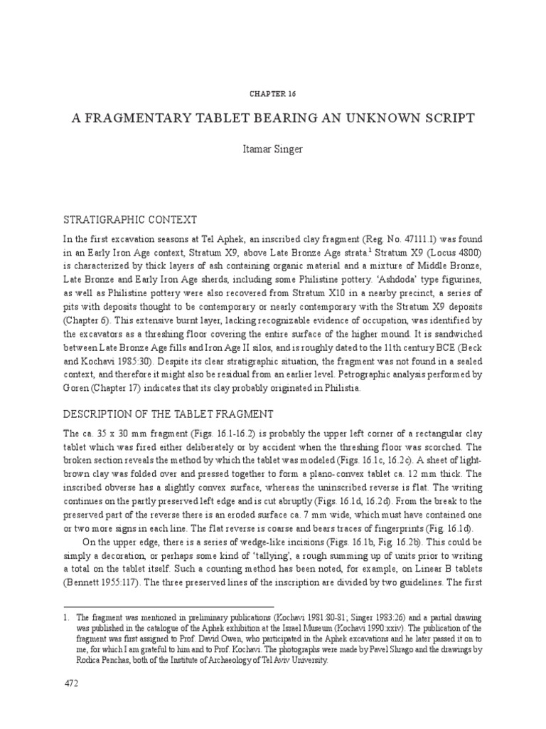 Singer A Phragmentary Tablet Bearing An Unknowwn Script, Aphek II, 2009 ...