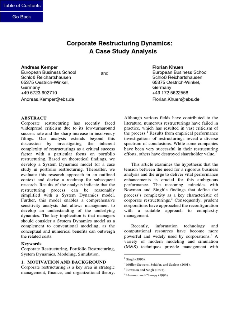 Corporate Restructuring Dynamics: A Case Study Analysis: Andreas Kemper Florian Khuen | PDF ...