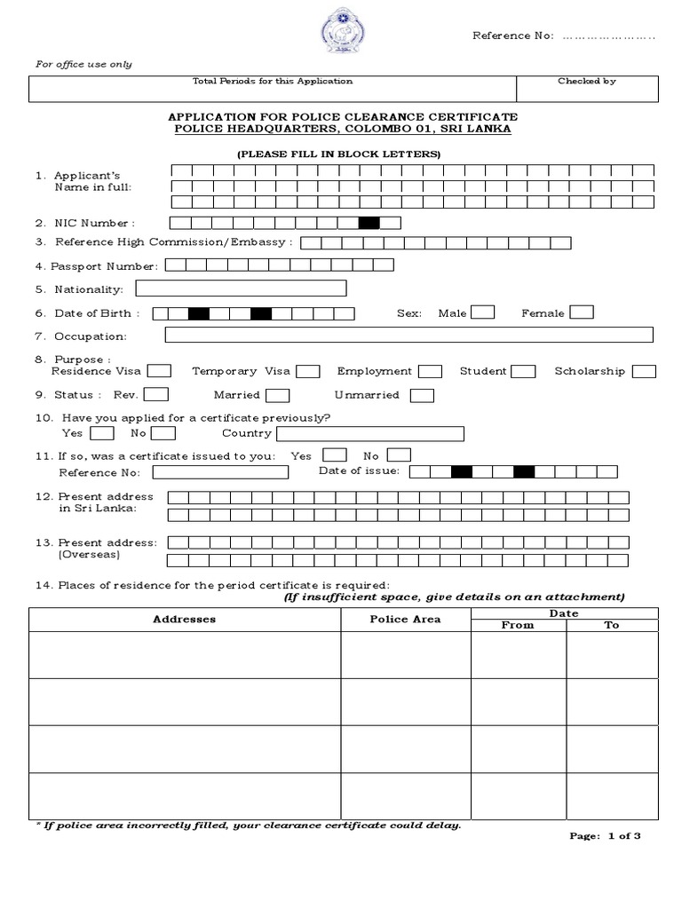 Police Clearance Certificate Application Form | PDF | Visa (Document) | Official Documents
