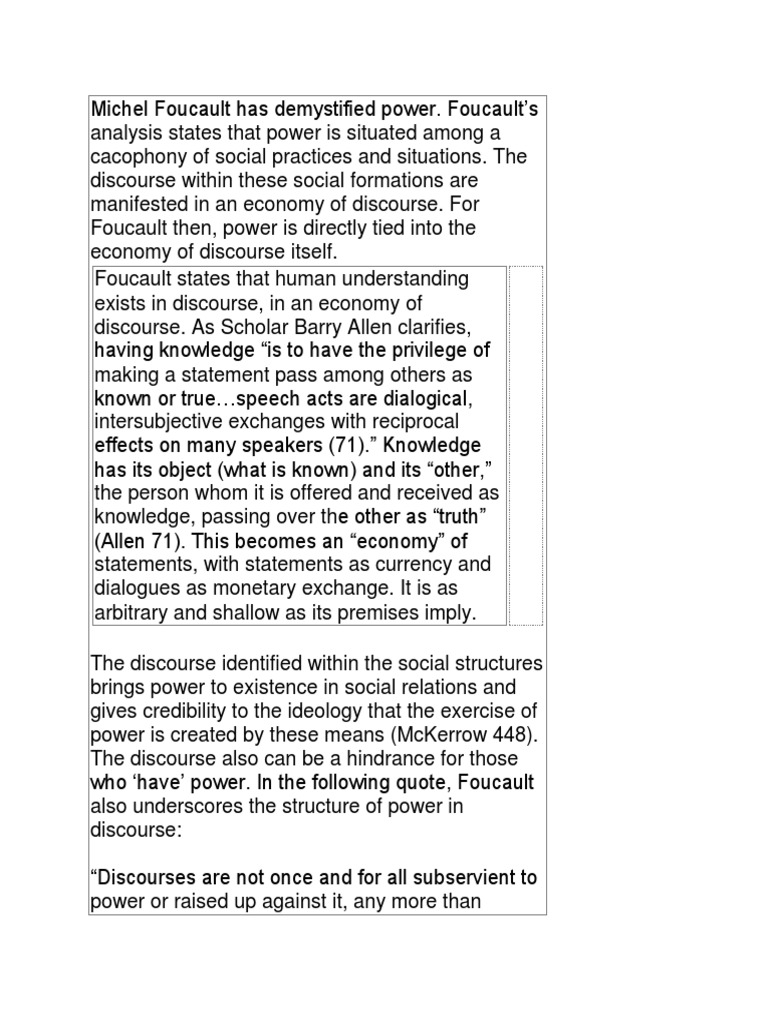 Foucault's Analysis of Power/Knowledge and the Economy of Discourse ...