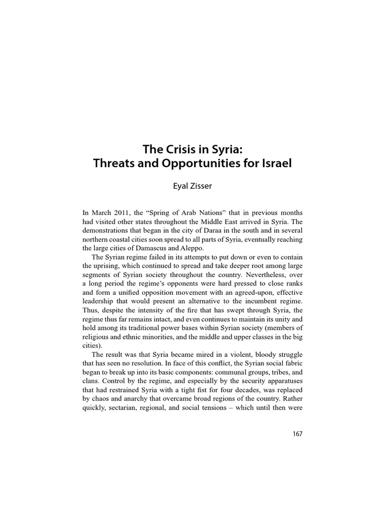 The Crisis in Syria: Threats and Opportunities For Israel: Eyal Zisser ...
