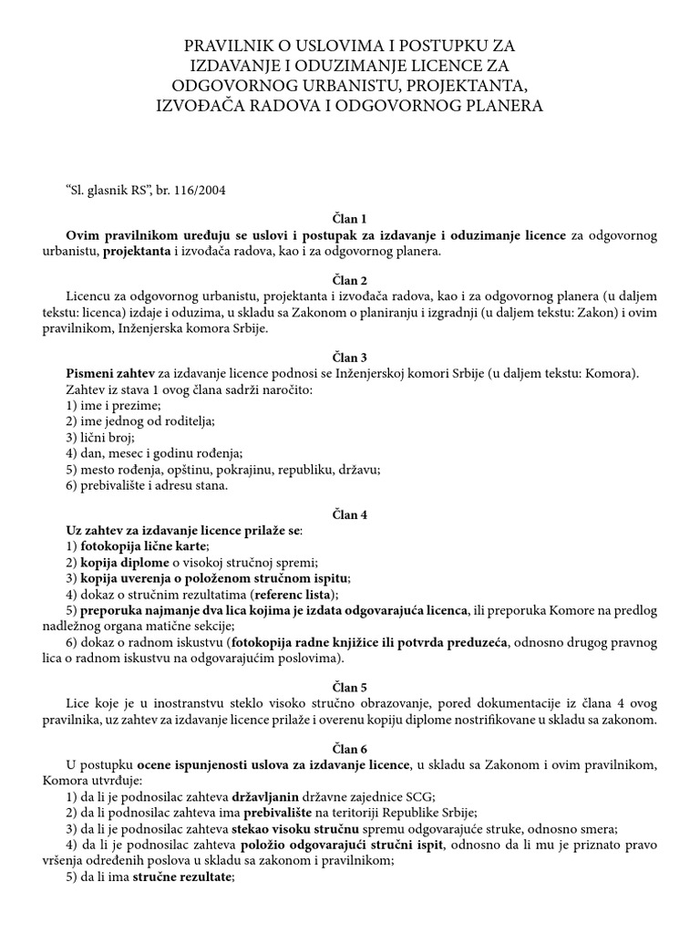 Pravilnik o Uslovima I Postupku Za Izdavanje I Oduzimanje Licence Za ...