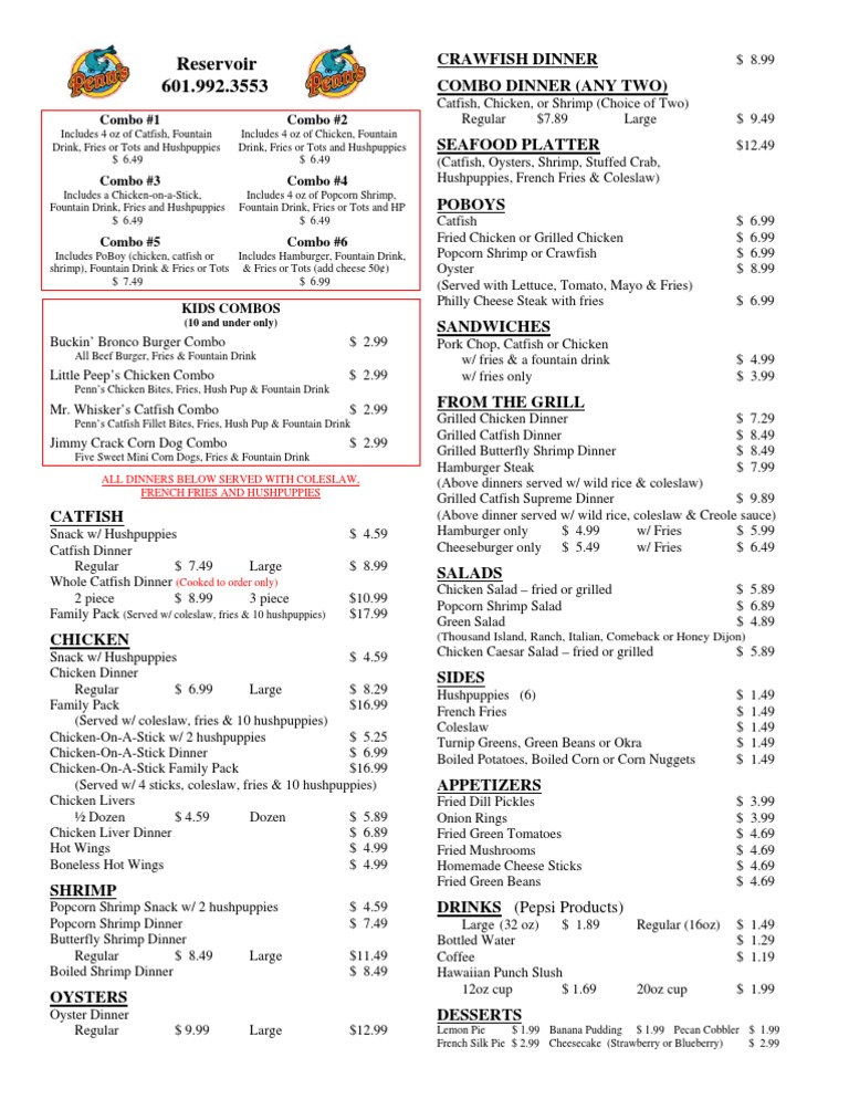 Penns Restaurant Reservoir Menu | PDF | Hamburgers | Food And Drink