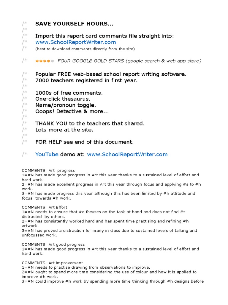 Report Card Comments, Mixed Middle School | PDF | Educational ...