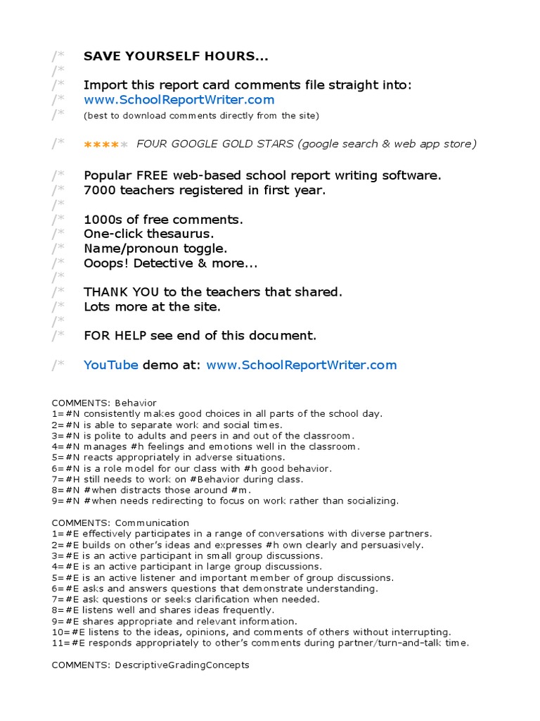 Science Report Card Comments Guide | PDF | Understanding | Creativity