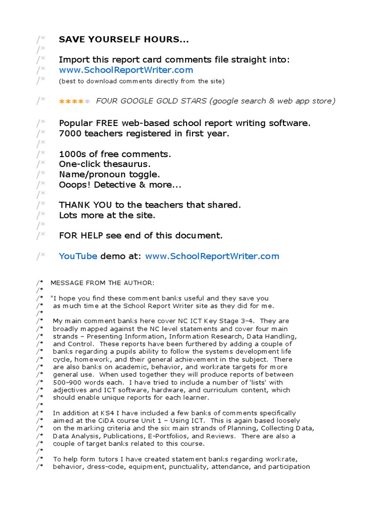 Report Card Comments, ICT (File 3), High School/Secondary | PDF ...