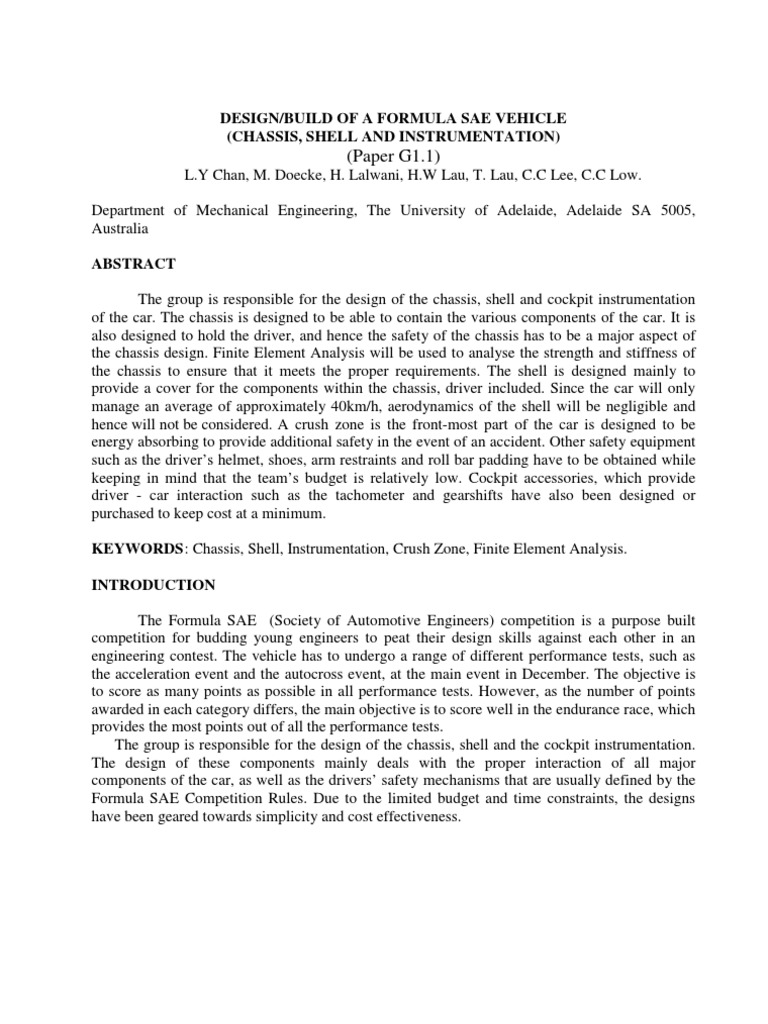 Design Build of A Formula Sae Vehicle (Chassis, Shell and in | PDF ...