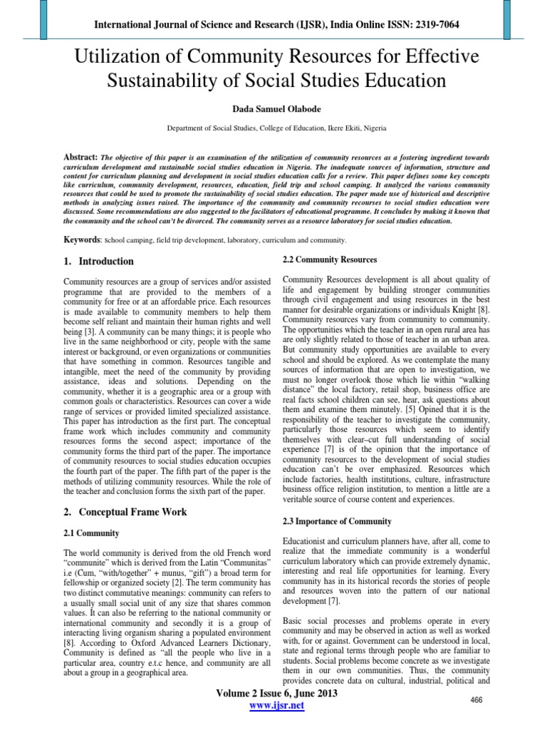 Utilization of Community Resources For Effective Sustainability of ...