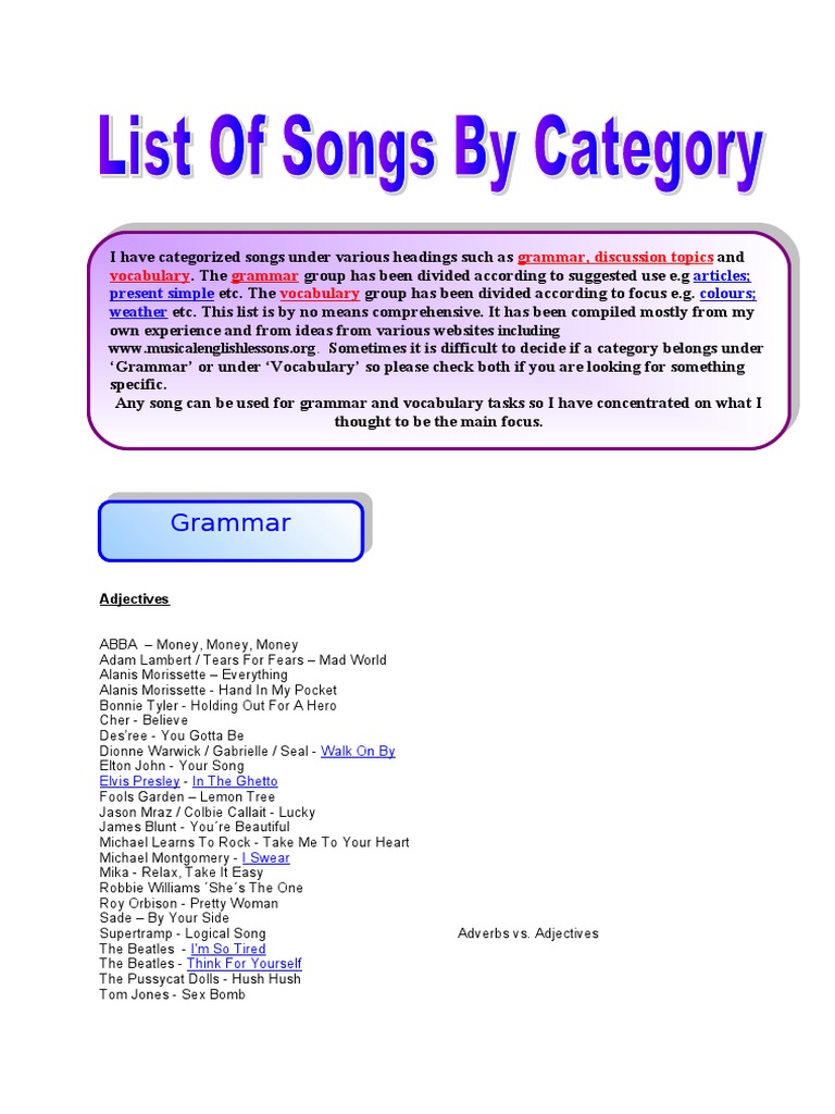 List of Songs by Category Such As Grammar Discussion Topics and ...