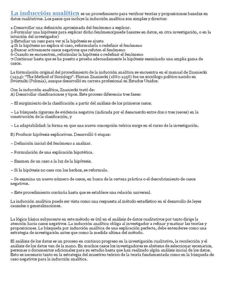 La Inducción Analítica Es Un Procedimiento para Verificar Teorías y ...