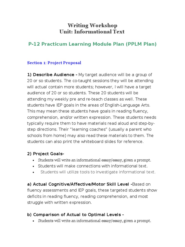Writing Workshop Unit: Informational Text: P-12 Practicum Learning ...