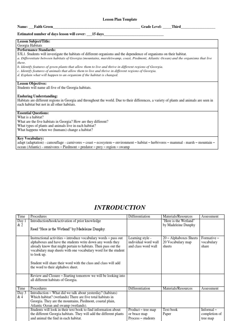 Georgia Habitats Lesson Plans | PDF | Reading Comprehension | Habitat