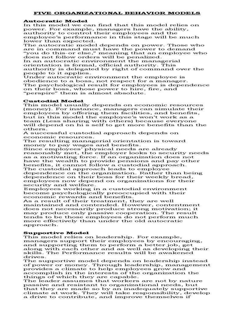 Five Organizational Behavior Models | PDF | Leadership | Employment