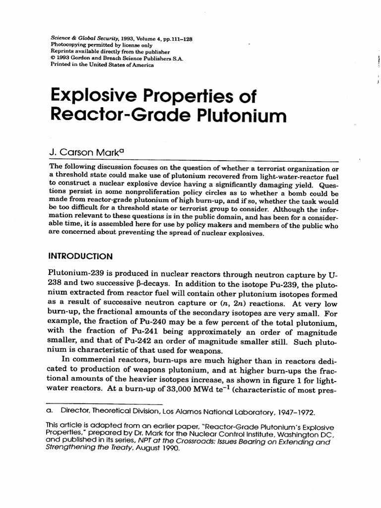Explosive Risks of Reactor-Grade Plutonium | PDF | Nuclear Fission ...