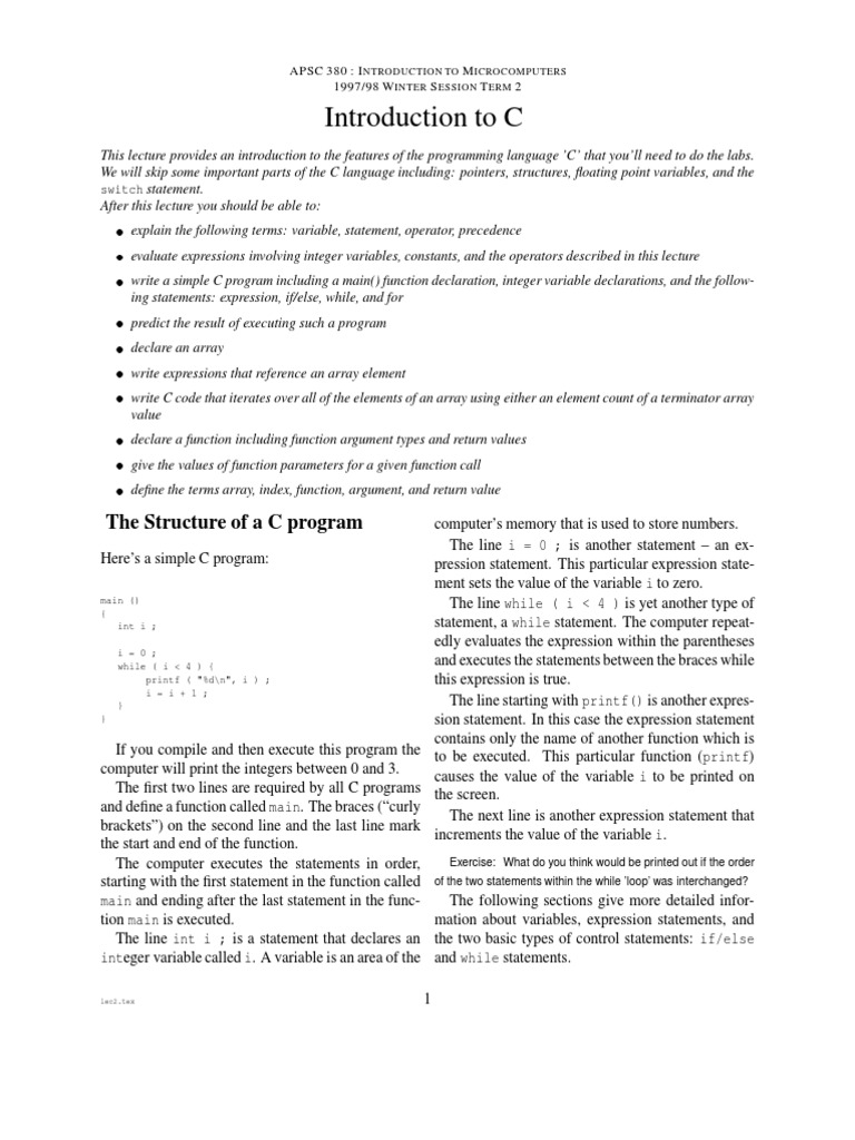 Introduction To C: The Structure of A C Program | PDF | Array Data Structure | C (Programming ...