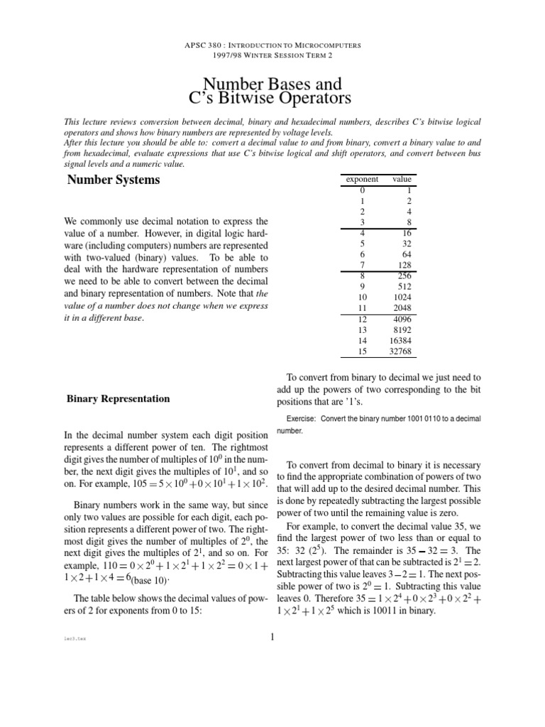 Number Bases and C's Bitwise Operators | PDF | Bit | Decimal