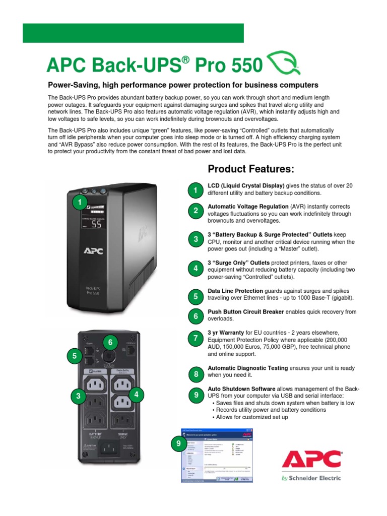 APC Back-UPS Pro 550: Product Features | PDF | Backup | Power (Physics)